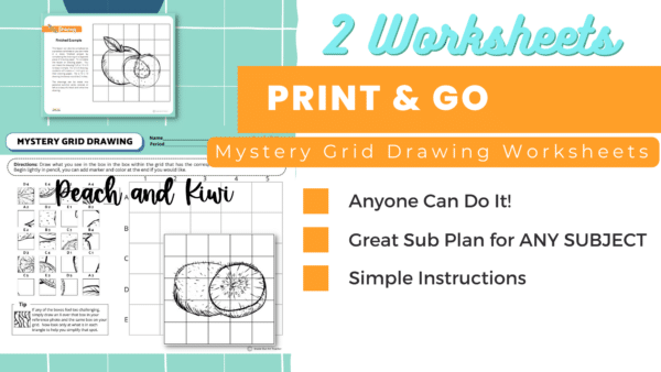 Mystery Drawing Peach Kiwi - Scramble Grid Art Sub Plan