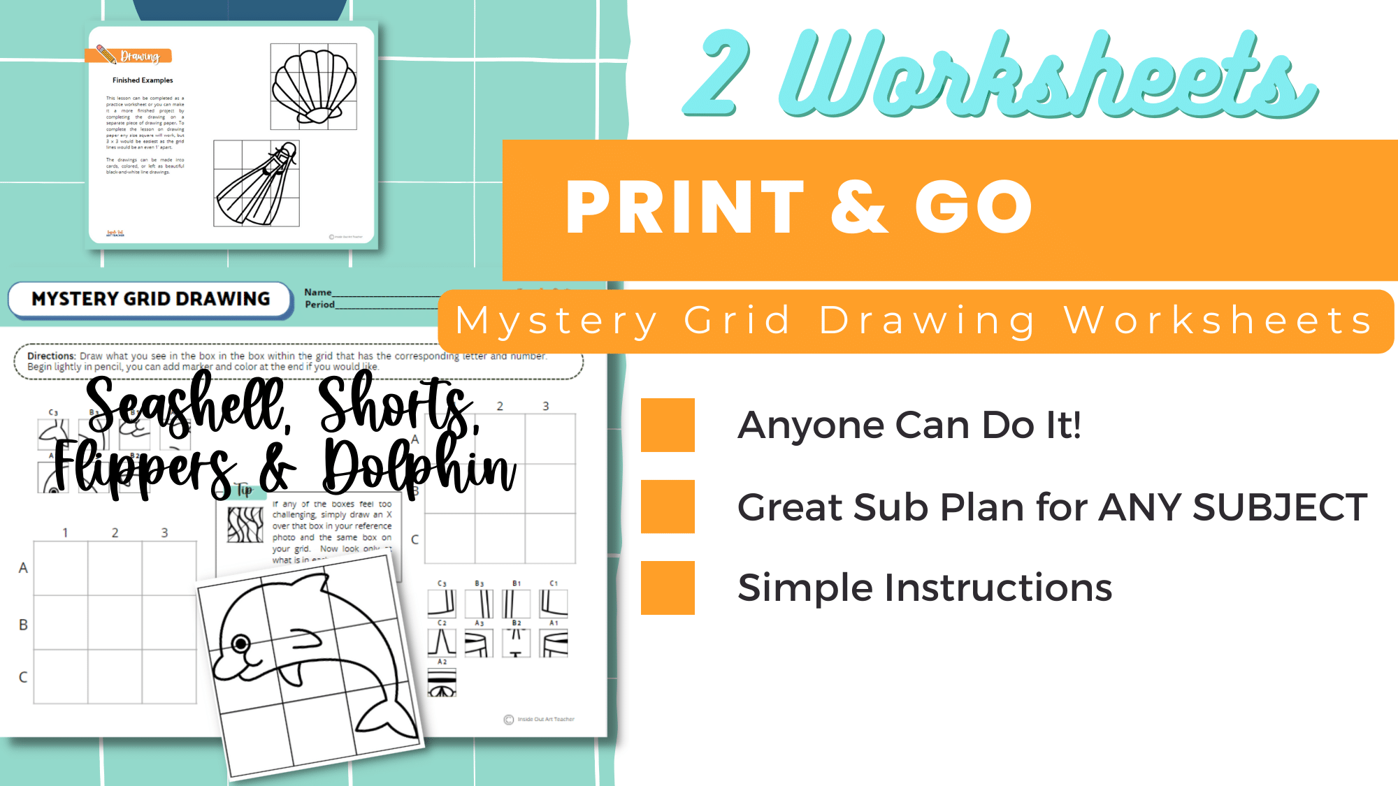 SCHOOL SUB PLAN/WORKSHEET: Mystery Grid Seashell Flipper Shorts Dolphin ...