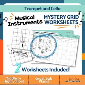 Sub Worksheet Trumpet Cello: Music Mystery Art Scramble Grid Drawing